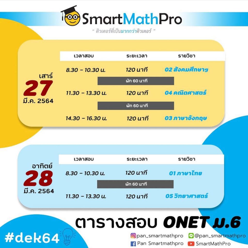 ตารางสอบ #dek64 (GAT/PAT/ONET/วิชาสามัญ) - SmartMathPro